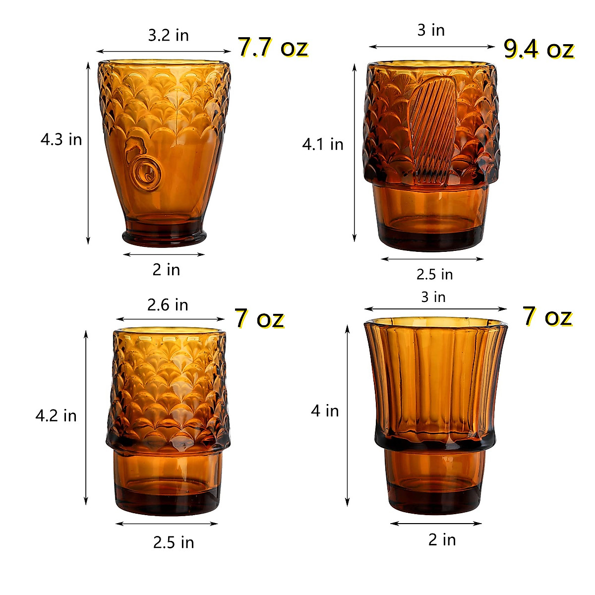 Frcctre Set of 4 Koi Fish Design Drinking Glasses, Stackable Amber Tumbler Glasses Beverage Cups Juice Tumblers Drinking Water Cups Nautical Glassware for Home, Party, Bar