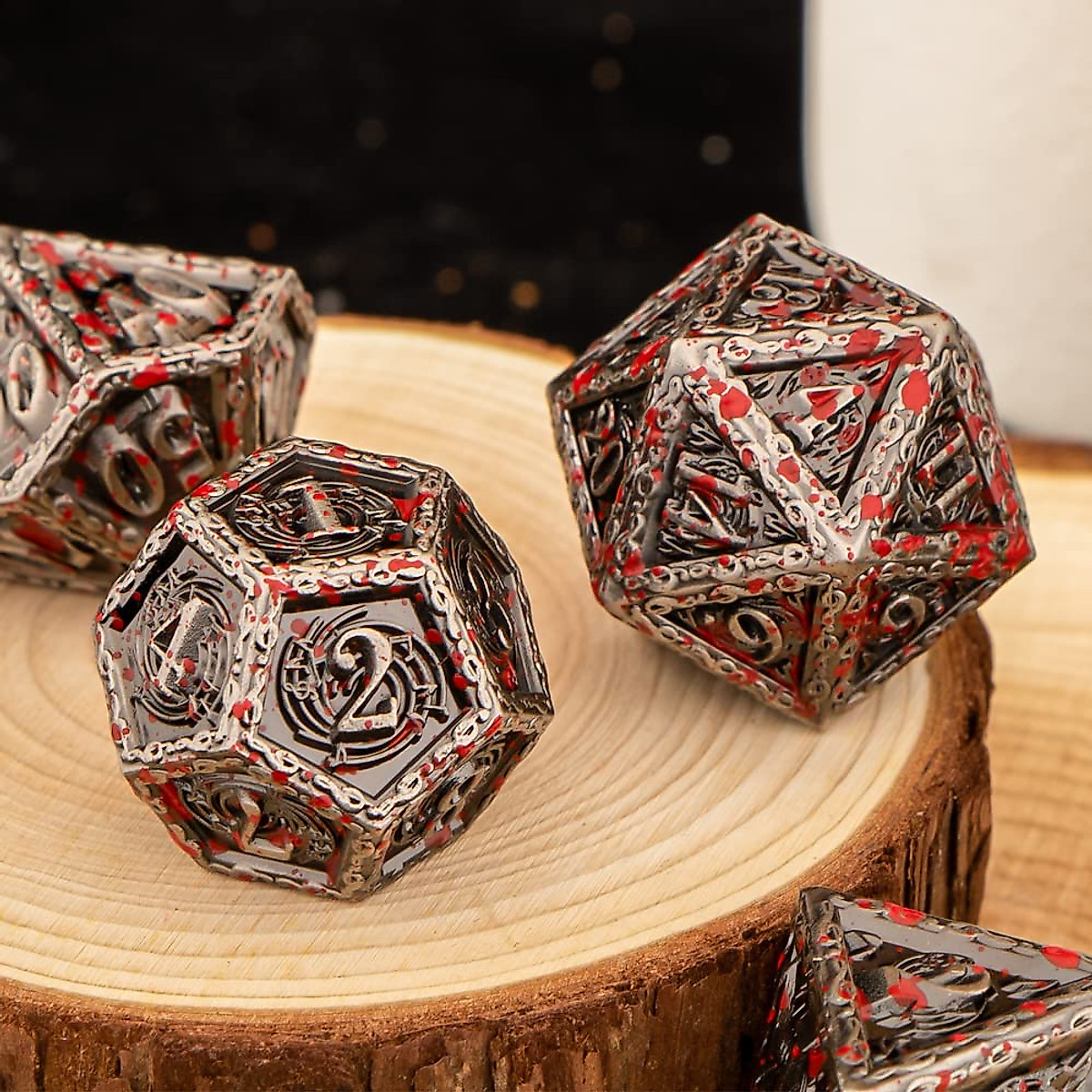 D&D Dice Set for Dungeons and Dragons, RUNFNG 7PCS Metal DND Dice Set D20 D12 D10 D8 D6 D4 D%, Blood Spatter D and D Polyhedral Dice Set for RPG Role Playing Table Game, Warhammer with Gift Box…