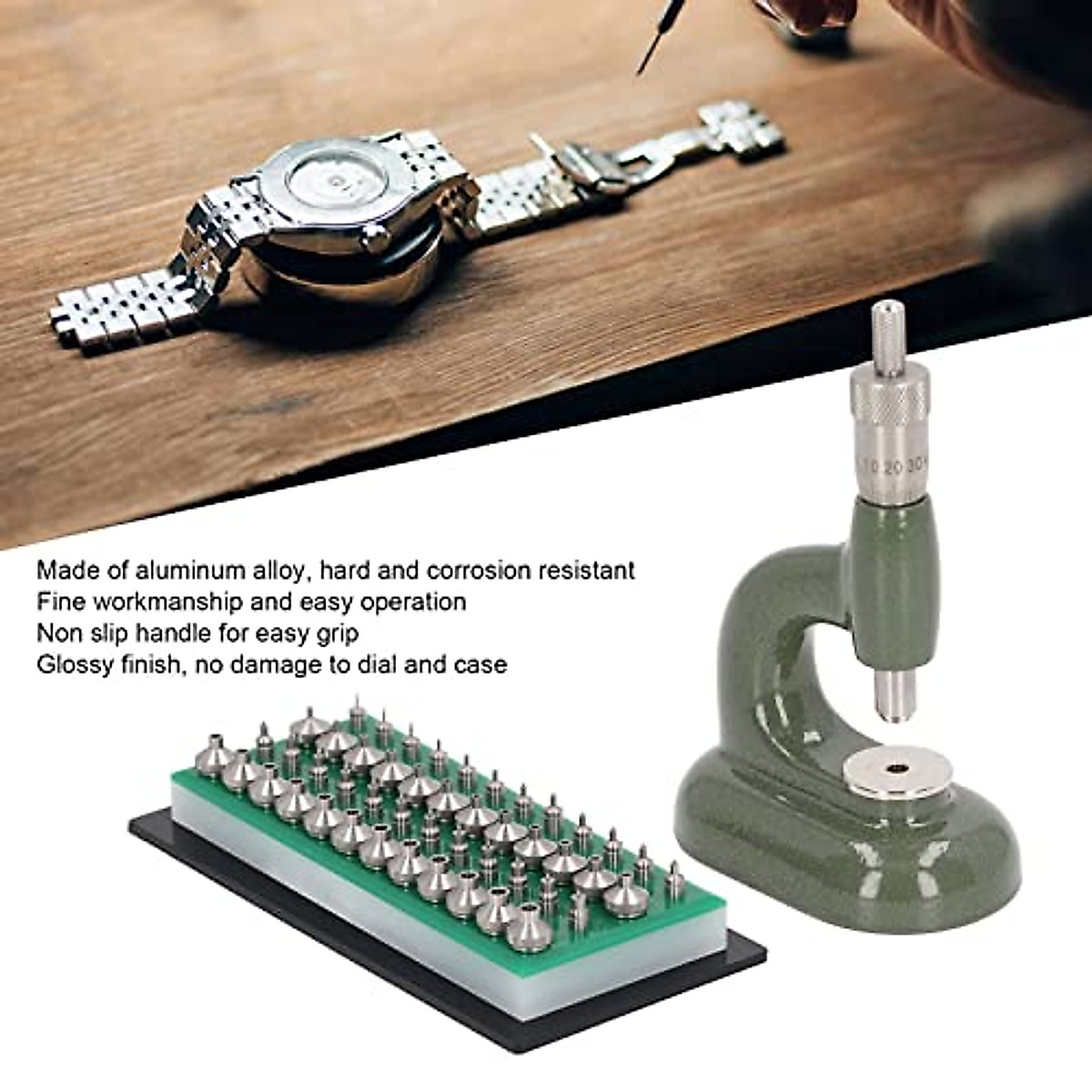 ViaGasaFamido Watch Press Tool Kit 48Pcs Dies Watch Repair Tool Watch Opener Watch Back Case Closer Watchmaker Jewelling Tool Aluminum Alloy Green with Storage Box