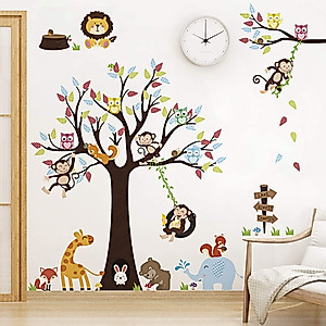 LiveGallery Cartoon Animals Wall Decals Removable Tree Wall Stickers DIY Owls Wall Art Cute Monkey Elephant Giraffe Wall Decal for Kids Boys Children Bedroom Playroom Nursery Rooms Decoration 39"x65"
