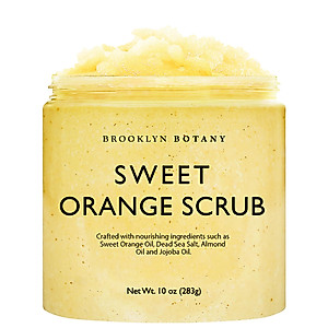 Brooklyn Botany Dead Sea Salt and Sweet Orange Body Scrub - Moisturizing and Exfoliating Body, Face, Hand, Foot Scrub - Fights Stretch Marks, Fine Lines, Wrinkles - Great Gifts for Women & Men - 10 oz