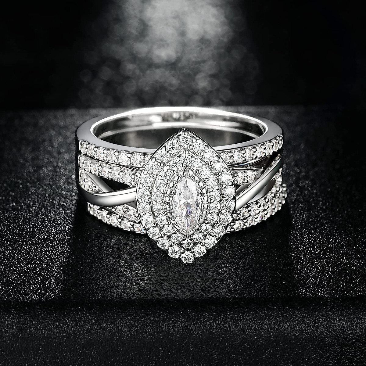 MDFUN Stackable Rings for Women 18K White Gold Plated Three-in-One Marquise Mini Halo CZ Wedding Engagement Promise Eternity Band (6)