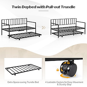 KOMFOTT Twin Metal Daybed with Trundle, Metal Sofa Bed & Pull-Out Trundle Set with Lockable Casters, Daybed for Living Room, No Box Spring Needed