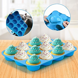 swiftrans Silicone Muffin Pan Cupcake Set,Non Stick, Bpa Free12 Cups Muffin Baking Pan,Silicone Baking Molds Set with 1 Scraper,1 Brush and 12 Muffin Cups