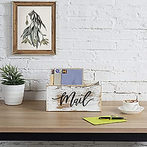 MyGift Whitewashed Wood Desktop Mail Holder Organizer Storage Box, Office Desk Organizer Bin with MAIL Script Design