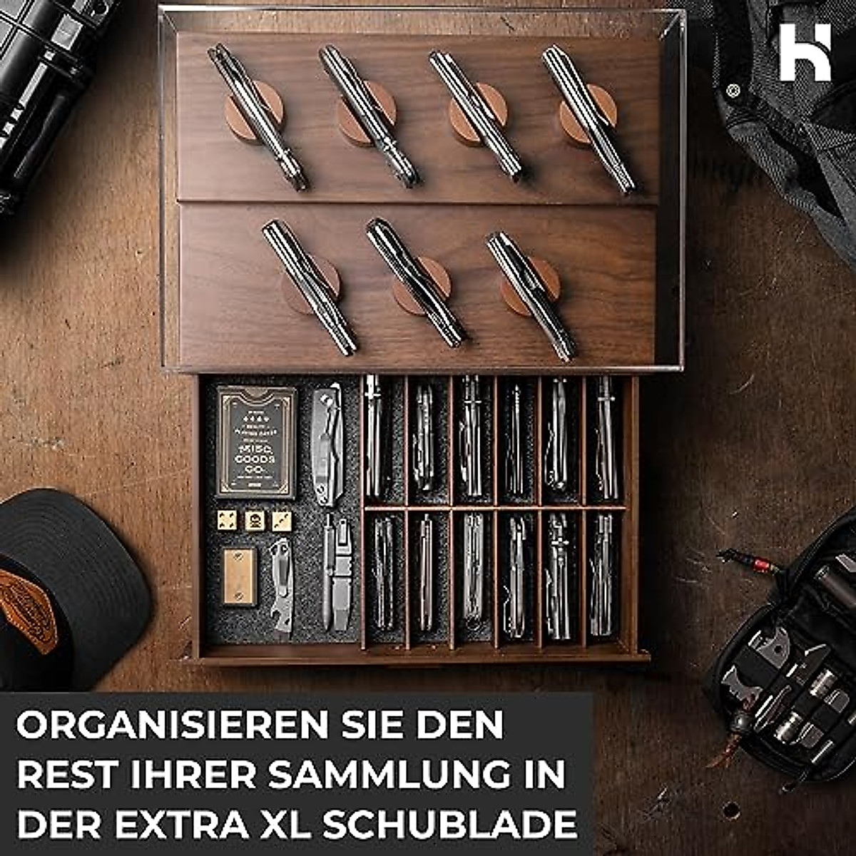 Pocket Knife Display Case – Pocket Knife Case – Knife Cases For Collections – Two-Tier Knife Holder And Knife Display Stand – Pocket Knife Storage Knife Collection Storage Box – The Armory – Walnut