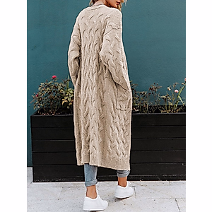 ZIWOCH Women's Long Cardigan Coats Cable Knit Casual Open Front Long Sleeve Loose Sweater with Pockets Beige