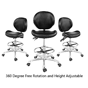 Drafting Chair Adjustable Tall Shop Stool, Rolling Chair with Backrest and Footrest for Computer, Studio, Workshop, Classroom, Lab, Counter, Home Office (Black)