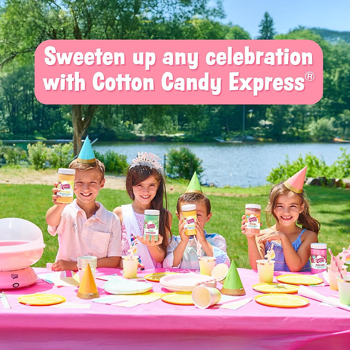 Cotton Candy Express Floss Sugar Variety Pack with 5 - 11oz Plastic Jars of Lime, Watermelon, Pina Colada, Blue Raspberry, Pink Vanilla Flossing Sugars Plus 50 Paper Cotton Candy Cones