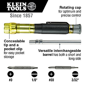 Klein Tools 32614 Multi-bit Precision Screwdriver Set, 4-in-1 Electronics Pocket Screwdriver, Professional Phillips and Slotted Bits, EDC