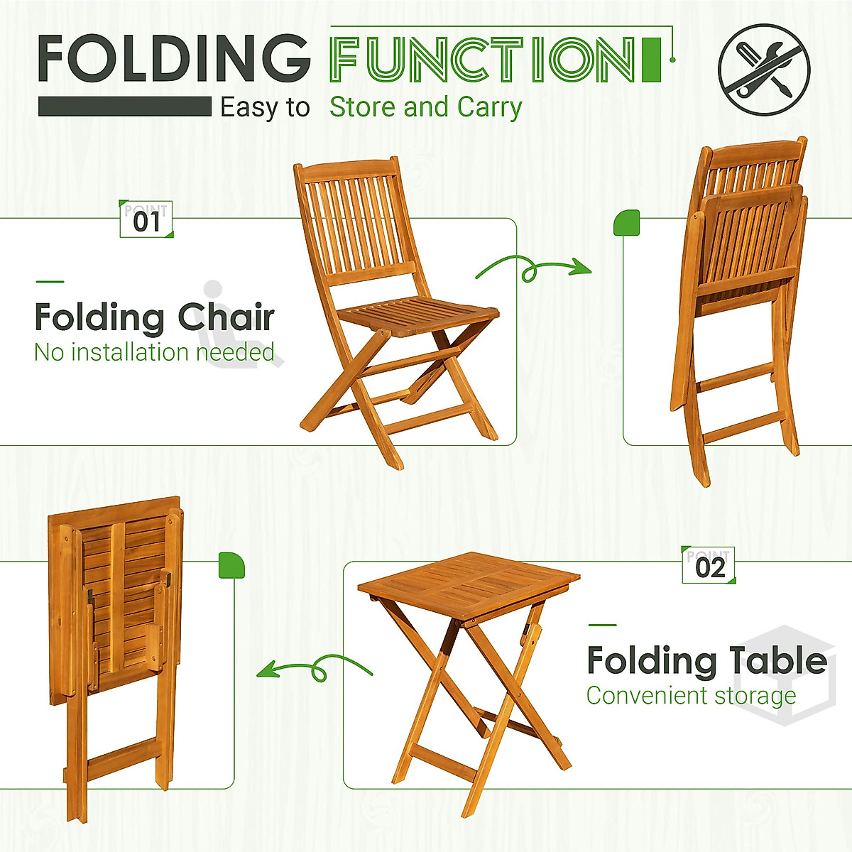 Greesum 3 Piece Patio Folding Furniture Bistro Set with 2 cushions for Pool Beach Backyard Balcony Porch Deck Garden, Acacia Wood