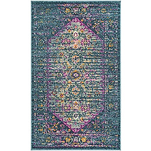 SAFAVIEH Madison Collection Area Rug - 5'1" x 7'6", Blue & Fuchsia, Boho Chic Distressed Design, Non-Shedding & Easy Care, Ideal for High Traffic Areas in Living Room, Bedroom (MAD122C)