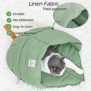 TANGN Cat Sleeping Bag , Linen Fabric Bed Cave Leaf Nest Pet Cuddle Zone Covered Hide Hood Burrowing Cozy Soft Durable Washable with Non-Slip Bottom for Indoor Puppy and Kitten (Green), PD50082