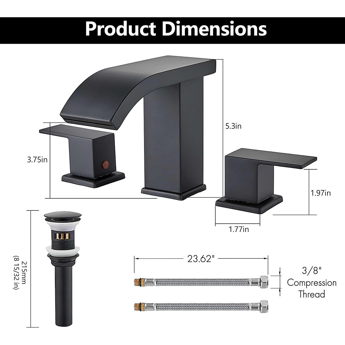 Skybathjoy LED Bathroom Faucet 3 Hole, Black Waterfall Bathroom Faucets, 8 Inch Widespread Modern Bathroom Sink Faucet & Parts, Wide Spread Touch On Three Hole 2 Handle Bathroom Vanity Faucet