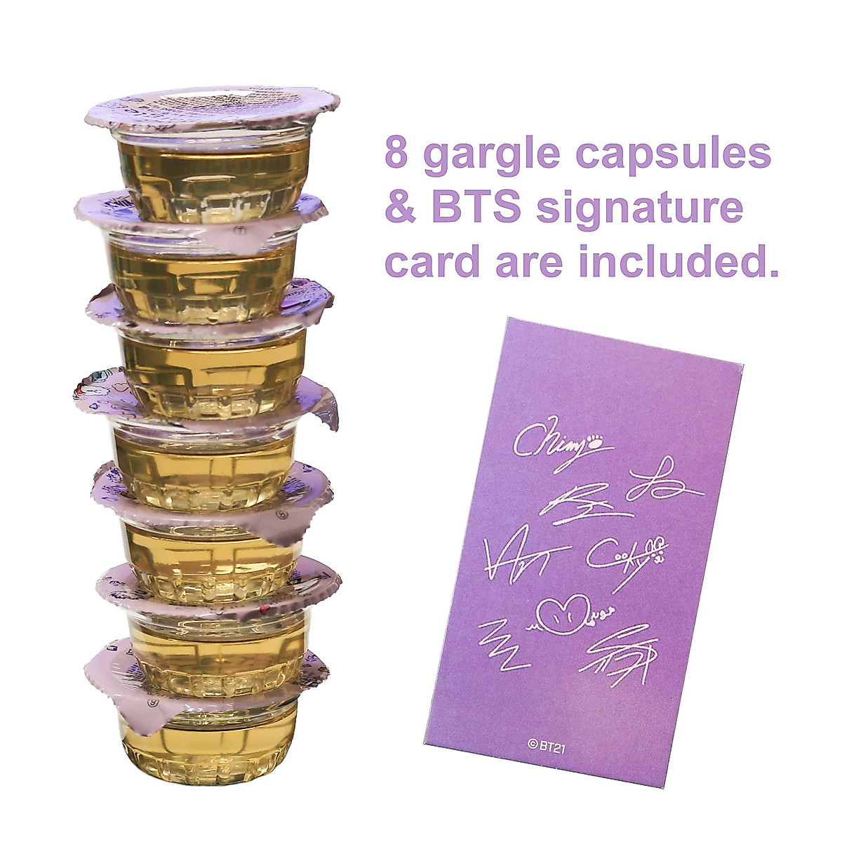 BT21 Hoo Mouthwash, Single Size Mouthwash for Fresh Breath on The go. Airline Friendly Liquid Travel Portable Oral Care Mouthwash, Alcohol Free for Work Smokers, 8 Cups/Set, Autograph Included