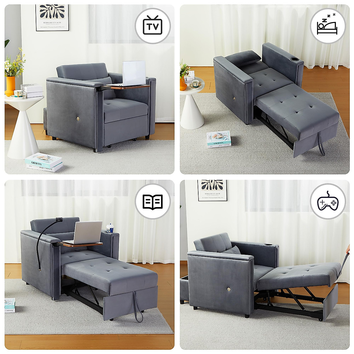 weselon Velvet Convertible Chair Bed, 3 in 1 Multi-Functional Lounge Chair Sleeper, Pull Out Couch Guest Bed with Hidden Table and Adjustable Backrest for Living Room Small Space Apartment (Gray)