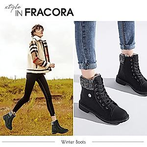 FRACORA Women's PU Leather Combat Boots Warm Fur Lined Black Ankle Booties Side Zipper White Boots Non-slip Waterproof Winter Boots(Black.US10)