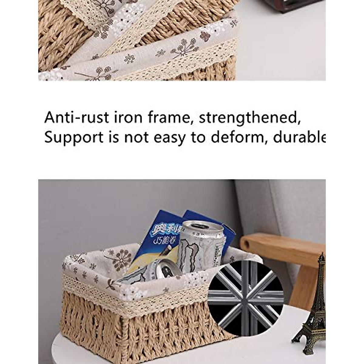 Woven Baskets for Storage Free Life Woven Baskets, Handmade Paper Rope Organizing Baskets Set, Square Nesting Baskets with Liner, Decorative Home Storage Bin (Set of 3) (Gray Set)