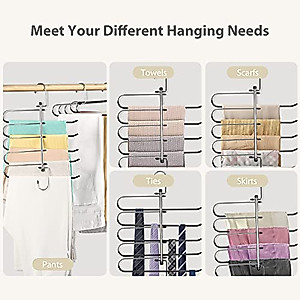 Pants Clothes Hangers Space Saving, RELBRO 2 Packs Multifunctional Pants Rack Hanger Black Stainless Steel Pants Jeans Hangers 5 Layered Closet Organizer for Pants Scarfs Slacks Towels Ties