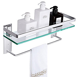 Vdomus Acrylic Bathroom Shelves, Wall Mounted no Drilling Thick Clear Storage & Display shelvings, 2 Pack (Original) and Tempered Glass Bathroom Shelf with Towel bar Wall Mounted Shower Storage