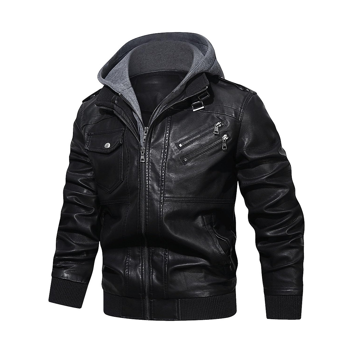 HOOD CREW Men’s Casual Stand Collar PU Faux Leather Zip-Up Motorcycle Bomber Jacket With a Removable Hood