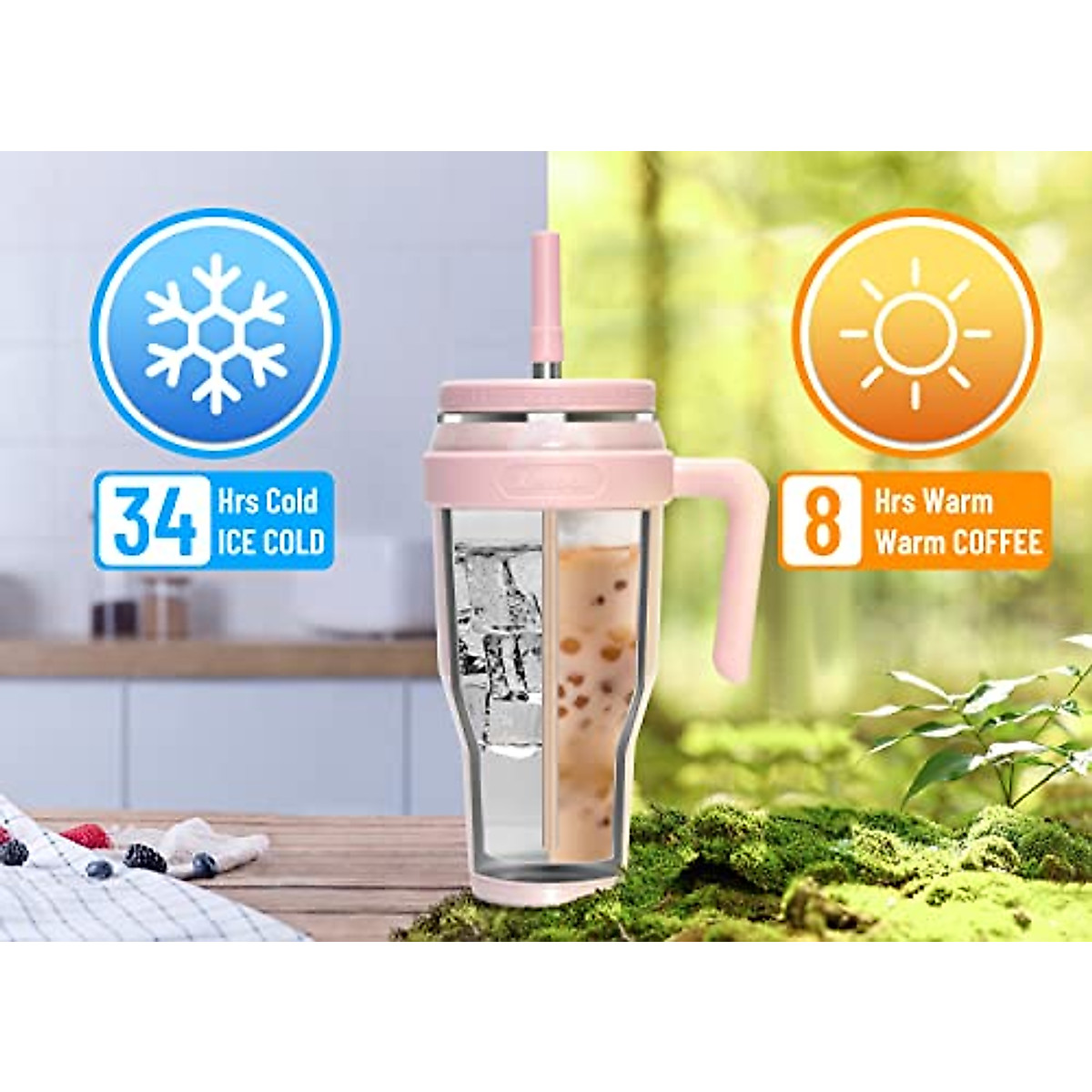 Zenbo 40 oz Tumbler With Handle, Screw on Lid and Straw | Stainless Steel Insulated Mug Tumbler, Keeps Drinks Cold up to 34 Hours, Fit in Car Cup Holder, Sweat-Proof Body, Dishwasher Safe