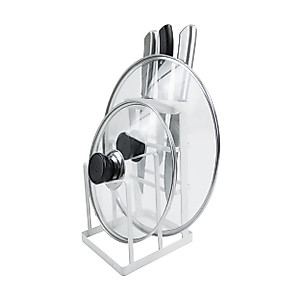 Qflushor Knife Block Holder, Pot Lid Organizer, Cutting Board Organizer, Cookware Bakeware Organizer for Kitchen Countertop, Cabinet, Pantry, Metal, White