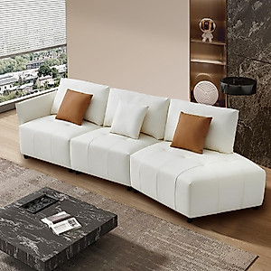 120'' Leather Sectional Couch for Living Room, Modern Modular Sectional Sofa, Ergonomic L Shaped Sofa 4 Seat Sofa, Curved Couch with Button Tufted Seat Cushion & 3 Pillows for Apartment, Office, Beige