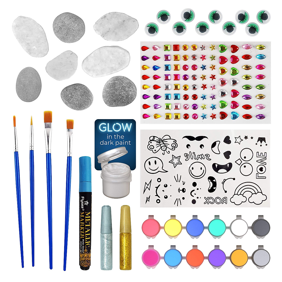 Brainy Shark Rock Painting Kit for Kids - Children's Arts and Crafts Set - 8 Rocks, 12 Paints, 4 Brushes, Googly Eyes, Metallic Paint Pen, Glitter Glue, Tattoo & Gem Stickers - Gift for Boys & Girls