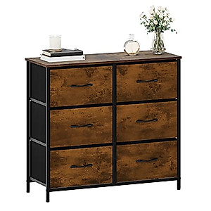Maxtown Dresser for Bedroom 6 Drawers, Storage Drawer Units for Bedroom,Living Room, Hallway, Nursery, Tall Dresser Storage Tower with Sturdy Steel Frame, Wooden Top and Easy-Pull Fabric Bins Brown