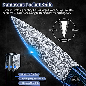 bunnyedge Pocket Knife for EDC, Folding Knife with 3.95” Reverse Damascus Blade, G10 Handle, Ideal Gift for Men Women, for Camping, Fishing, Hiking & EDC ON THE GO - YFA047 - BLUE TREE