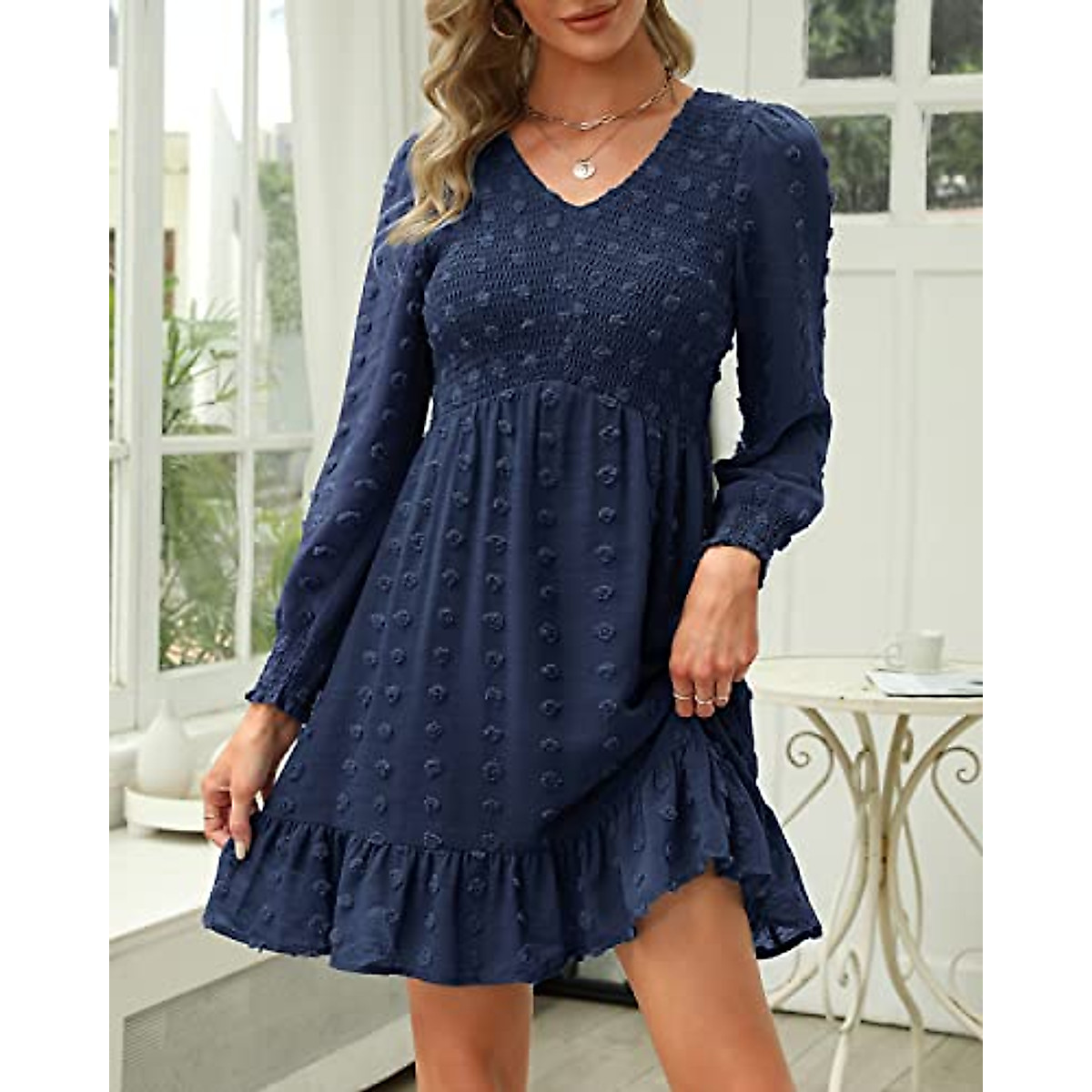 Maggeer Spring Summer Long Sleeve Dress for Women 2024 A Line Swiss Dot Cowgirl Ladies Church Smocked Mini Babydoll Causal Dresses Navy L
