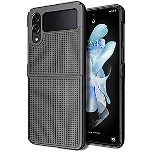 Case with Clip for Galaxy Z Flip 4 5G, Nakedcellphone [Grid Texture] Slim Hard Shell Cover and [Rotating/Ratchet] Belt Hip Holster Holder Combo for Samsung Z Flip4 Phone (SM-F721U, 2022) - Black