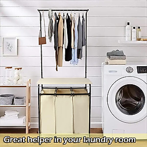 tonchean Laundry Hamper, 3 Section with Ironing Board, Removable Hanging Bar & Bags, Rolling Laundry Cart, 59"H x 29"L x 17"W, Yellow