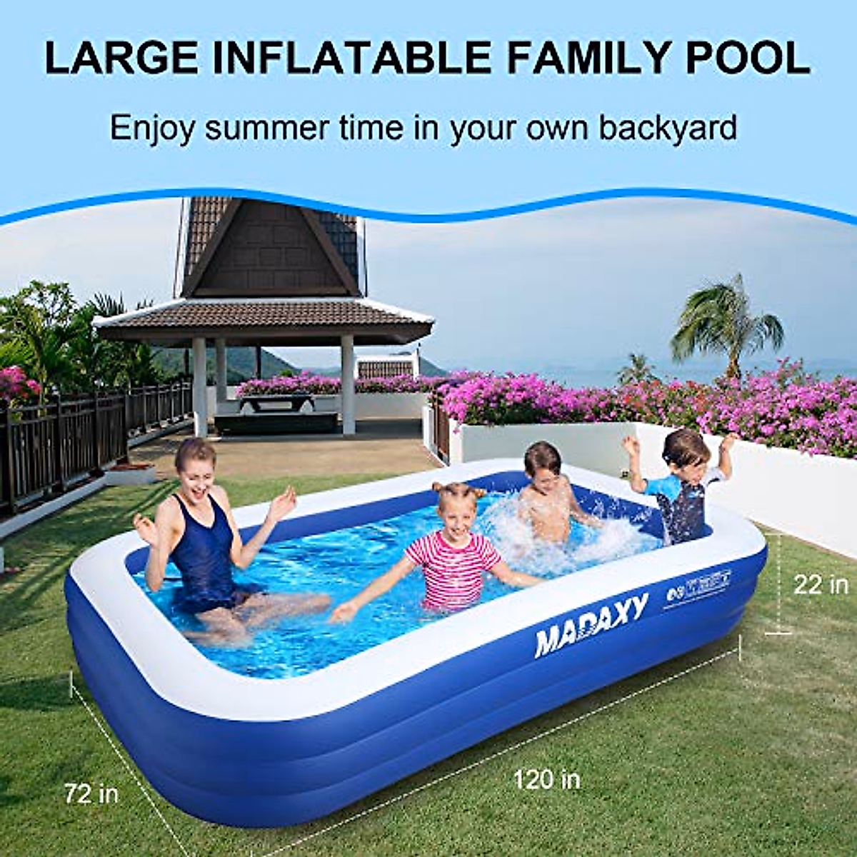 Inflatable Pool, MADAXY Swimming Pool for Kids and Adults, 120" X 72" X ...