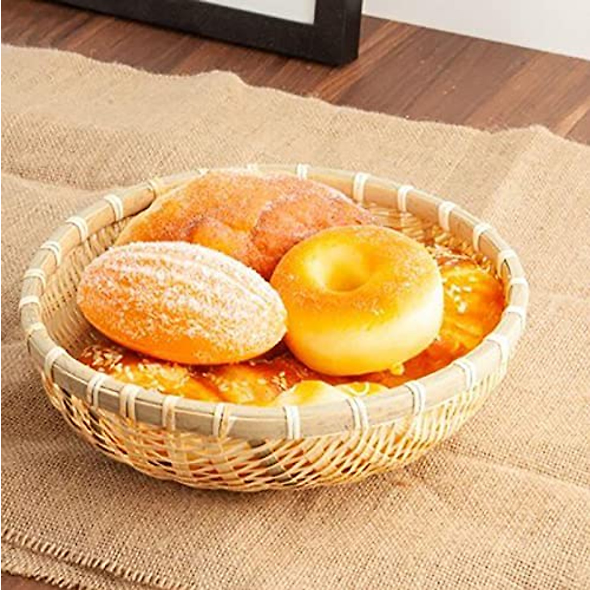 Cedilis 3 Pack Bamboo Basket Tray, Wicker Bread Basket, 100% Natural Handmade Woven Fruit Basket, U Shape Holder Flat Shallow Vegetables Serving Basket, Stackable, 10Inch, 11Inch, 12Inch