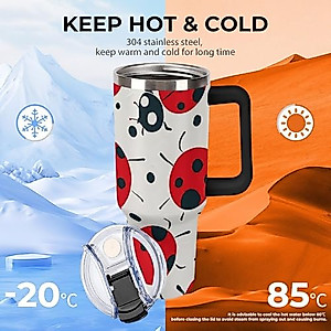 YTLKGFP 40 Oz Large Capacity Car Cup Red Black Spotted Ladybug Tumbler with Handle (Black) Straw Lid Insulated Stainless Steel Water Bottle Travel Mug Leak-proof Car Cup Keeps Cold Or Hot