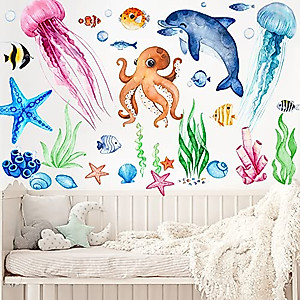 4 Sheets Ocean Fish Wall Decals Stickers Under The Sea Wall Decal Stickers Removable Sea Life Marine Animal Sticker Underwater Ocean Creatures Wall Decor for Kids Girls Boy Nursery Bedroom Bathroom