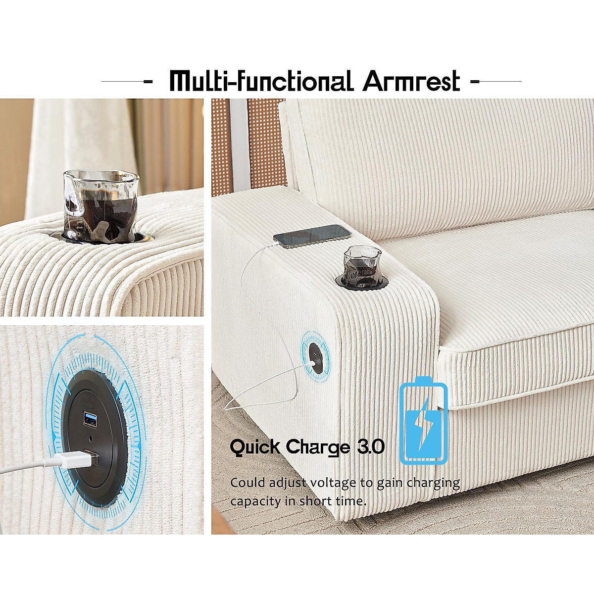 Jocisland Sofa, 89 Inch Deep Seat Couch with USB Charging Stations & Drink Holders, Modern Sofa- Comfy Sofa Couch for Living Room (Beige Corduroy)