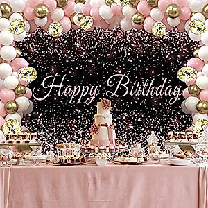 Haboke 7x5ft Durable Fabric Happy Birthday Backdrop Pink and Black Shiny Gold dot Glamour Sparkle Sweet Photography Background for Kids Adults Birthday Party Decorations Supplies Photo Studio Props …