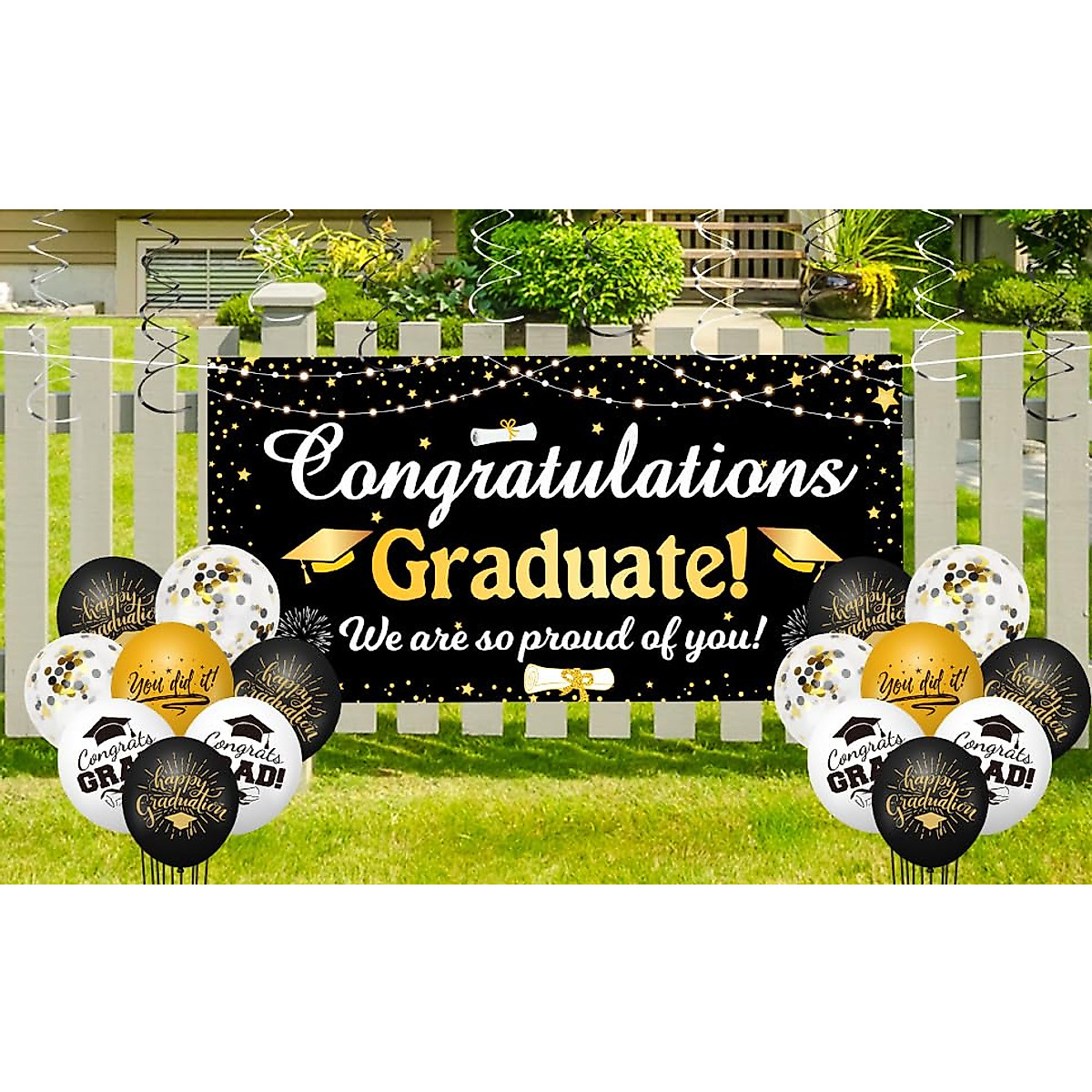 AKEROCK Graduation Decorations Class of 2025, Congratulations Graduate Banner for Graduation Party Decorations, Graduation Banner/Congrats Grad Banner, 32 Balloons & 10 Hanging Swirls Included - Black