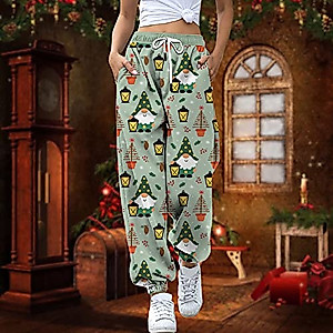 Plus Size Sweatpants,High Waisted Sweatpants for Women Christmas Gnome Print Elastic Waisted Baggy Sweatpants Drawstring Wide Leg Lounge Bottoms Red Wine Glass Print Green XL