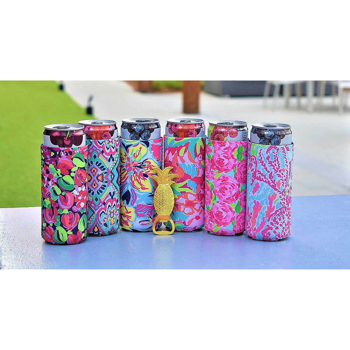 6-Pack Slim Can Neoprene Insulators in Cute Floral Patterns and Pineapple Bottle Opener| Perfect for Insulator for 12oz Tall Drinks Like White Claw, Truly, Red Bull, Spiked Seltzer, Michelob Ultra!