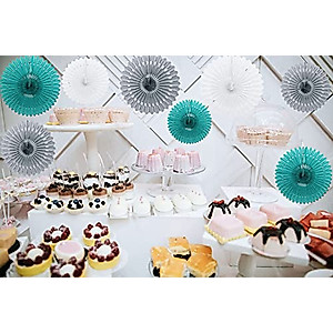 8PCS Teal Grey White Hanging Paper Turquoise Aqua Party Fan Rosettes Circle Garland for Mermaid Birthday Under The Sea Party Girl Baby Shower Teal Wedding Bridal Shower Decoration