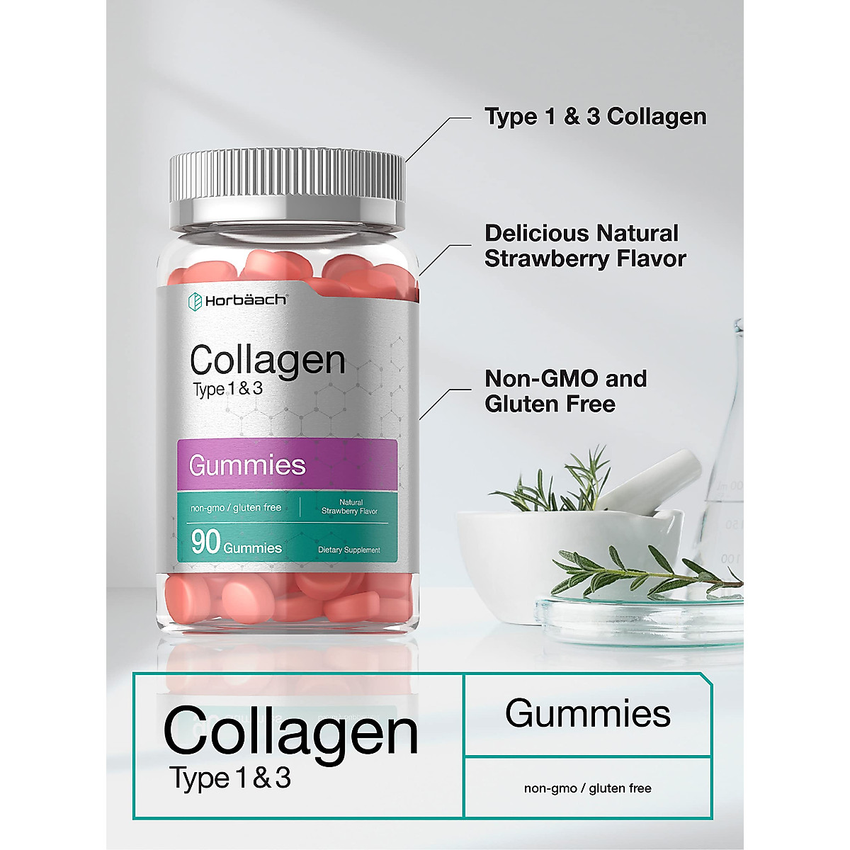 Horbäach Collagen Gummies | 90 Count | Strawberry Flavored Gummy | Hydrolyzed Type 1 and 3 | Non-GMO, Gluten Free