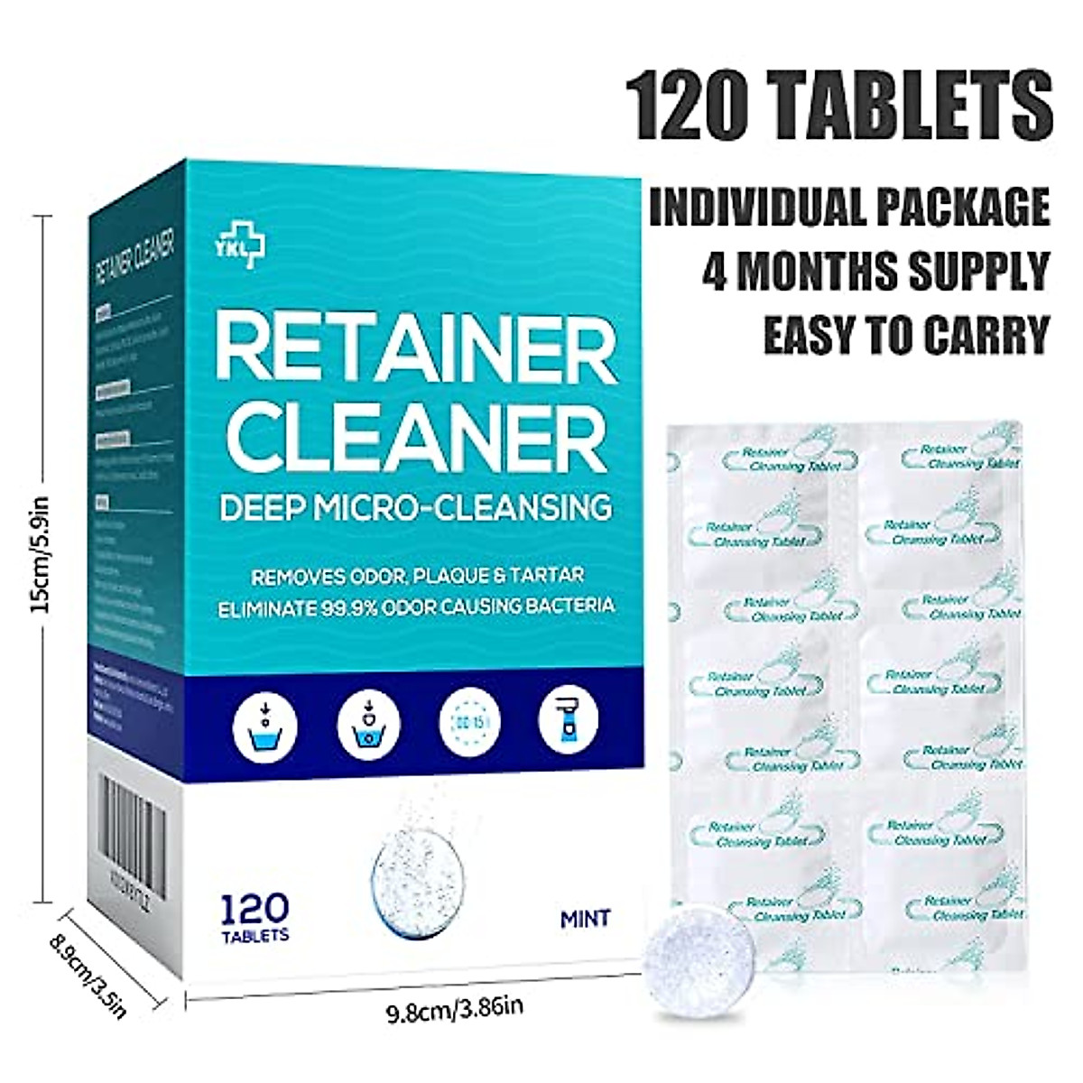 Retainer & Denture Cleaner Tablets 120 Pcs (4 Months Supply) - Retainer Cleaner Tablet for Retainers, Dentures, Night & Mouth Guard, Removable Dental Appliance, Removes Stains & Plaque, Mint Flavor