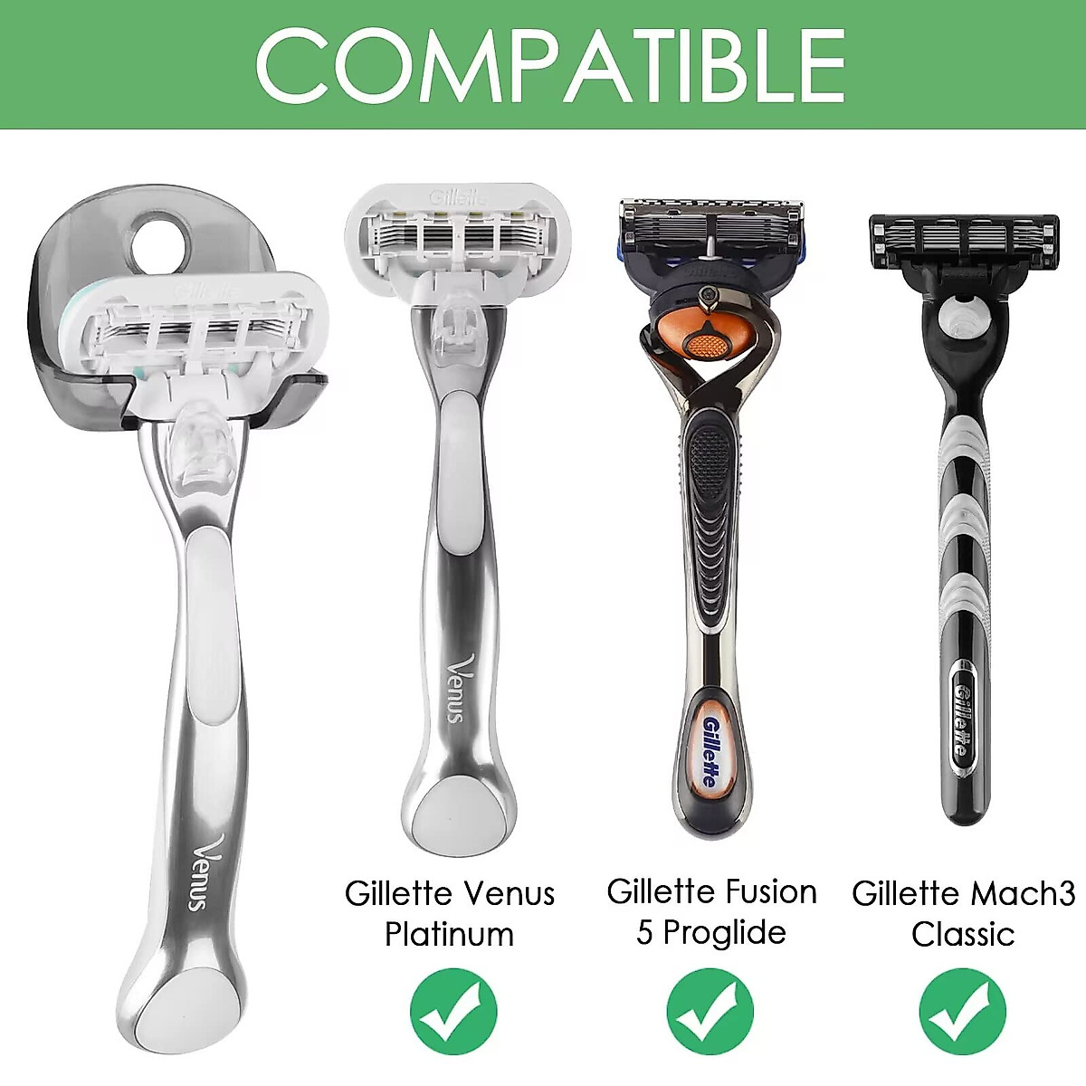 Linkidea 2 Pack Wall Mount Razor Holder for Shower Wall, Self Adhesive Shaver Bathroom Hooks Hanger Compatible with Gillette Venus Platinum, Fusion 5 Proshield & Proglide, Mach 3 Classic (Grey)