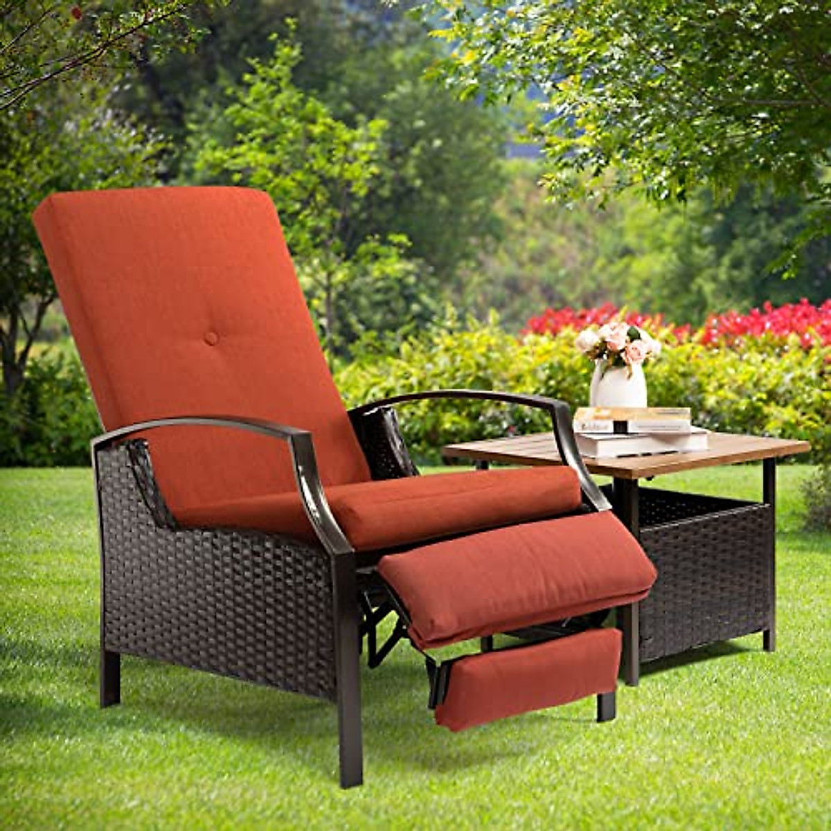 ALIMORDEN Patio Wicker Adjustable Recliner Chair, Steel Frame Rattan Sofa with Thick Removable Cushion, Outdoor Relaxing Lounge Chair for Porch, Backyard, Garden, Water Resistant, Red
