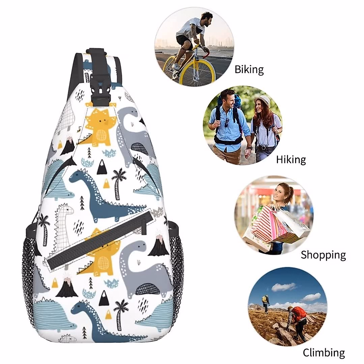 Cute Cartoon Dinosaur Sling Bag Crossbody Backpack Childish Seamless Pattern with Hand Drawn Dinosaurs in Scandinavian Style Travel Hiking Daypack Funny Abstract Chest Shoulder Bag for Women Men
