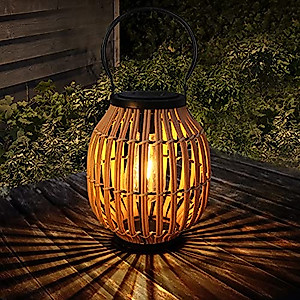 Outdoor Solar Lantern Lights Hanging Large Rattan Garden Lantern Waterproof- Rustic Table Lamp with Edison Bulb Women Gift Decoration for Garden Patio Boho Wedding